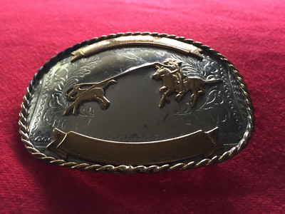 VINTAGE Nickel Silver Western COWBOY CALF ROPING Rodeo 2 Banner BELT ...