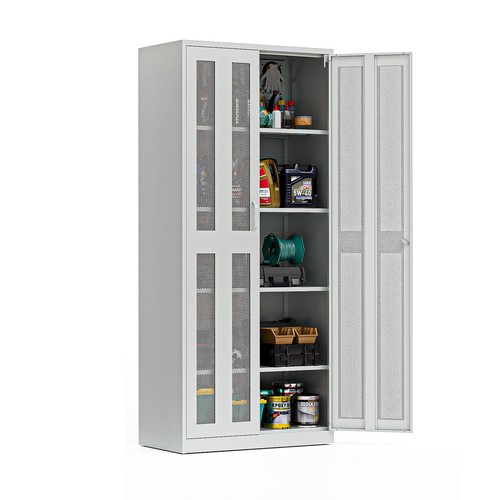 Metal Cabinet with Lockable Mesh Doors & Tool Pegboard - Adjustable ...