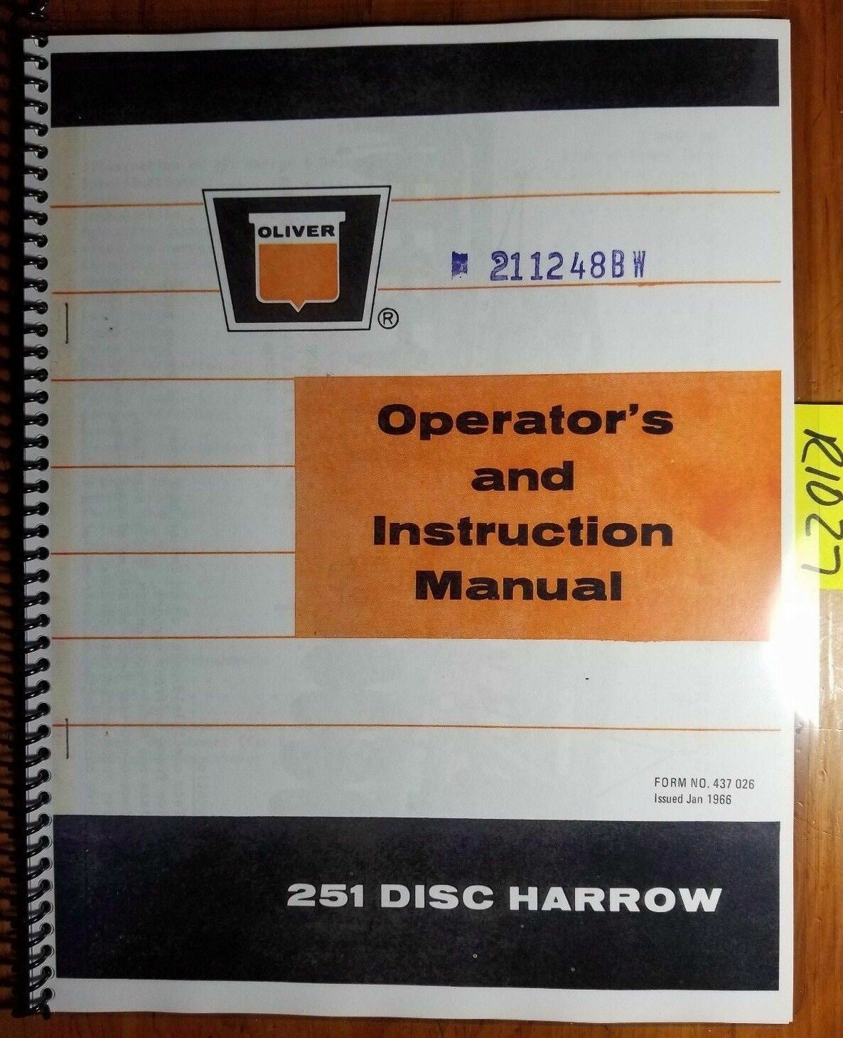 White Oliver Cockshutt 251 Disc Harrow Owner's Operator's Manual 437 ...