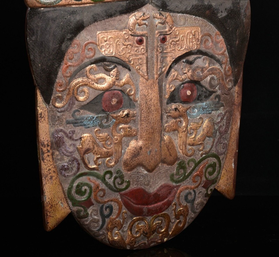 Old Dynasty Natural Hetian Jade Gilt Painting Beast People Face Head ...