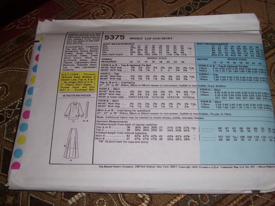 💐1976 McCALL'S #5375-LADIES SMOCK STYLE BLOUSE & TWO LENGTH SKIRT ...