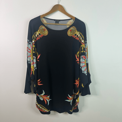 Eva Varro Black Gold Floral Geometric Dolman Sleeve Tunic Art To Wear ...