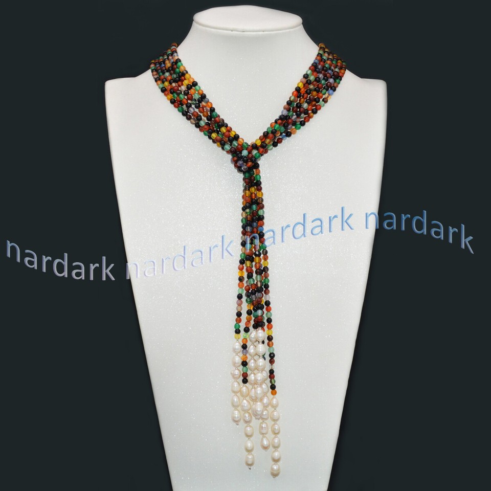 3 Strands Natural 4mm Gemstone Round Beads 7-8mm White Pearl Scarf ...