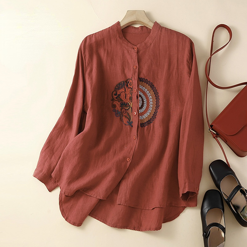 Femme Rétro Lin Mélange Chemisier Broderie Bouton Manches Longues Fin ...