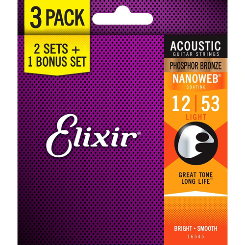 Elixir LTD 3-Pack Phosphor Bronze NANOWEB Acoustic Guitar Strings Light ...