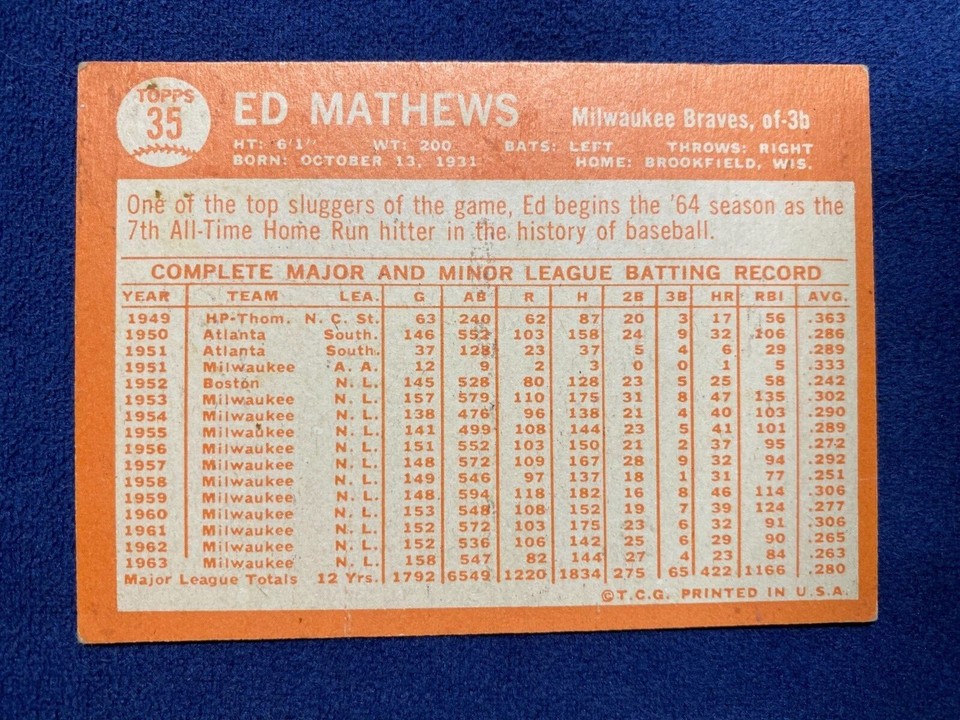 EDDIE MATHEWS 1964 Topps Set Break # 35 MILWAUKEE BRAVES | eBay