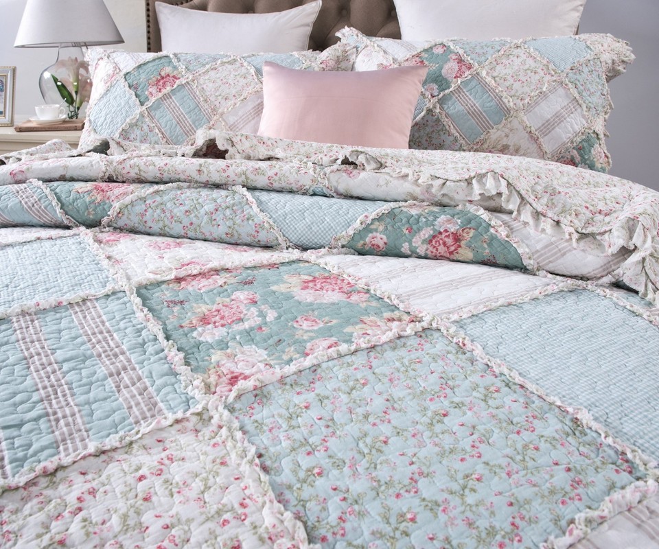 DaDa Bedding Cottage Mint Floral Pastel Cotton Patchwork Bedspread ...