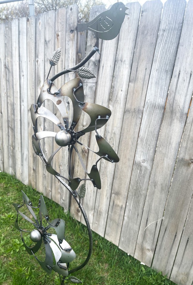 Heavy Duty Double Spinner w/Bird Metal Welded Yard Stake Wind Spinner ...