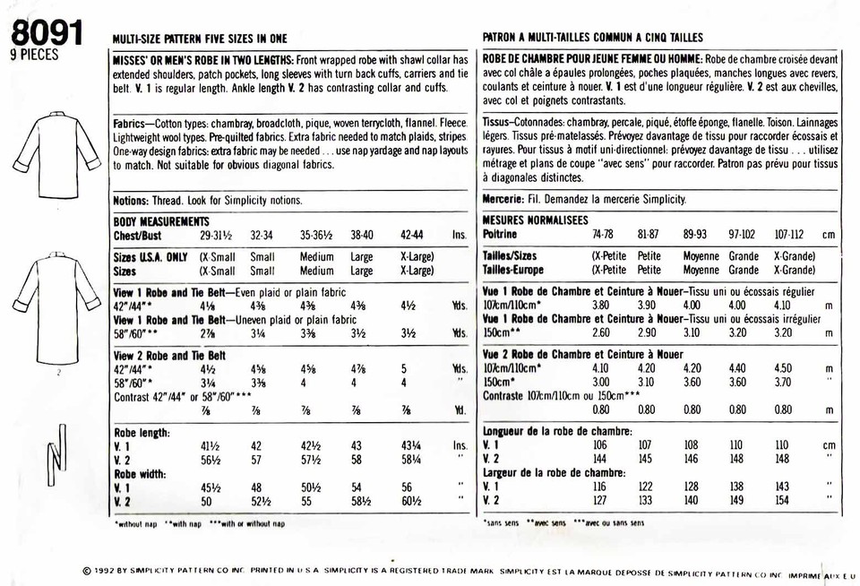 Men's & Misses' BATHROBE Vintage 1992 Simplicity Pattern 8091 Sizes XS ...