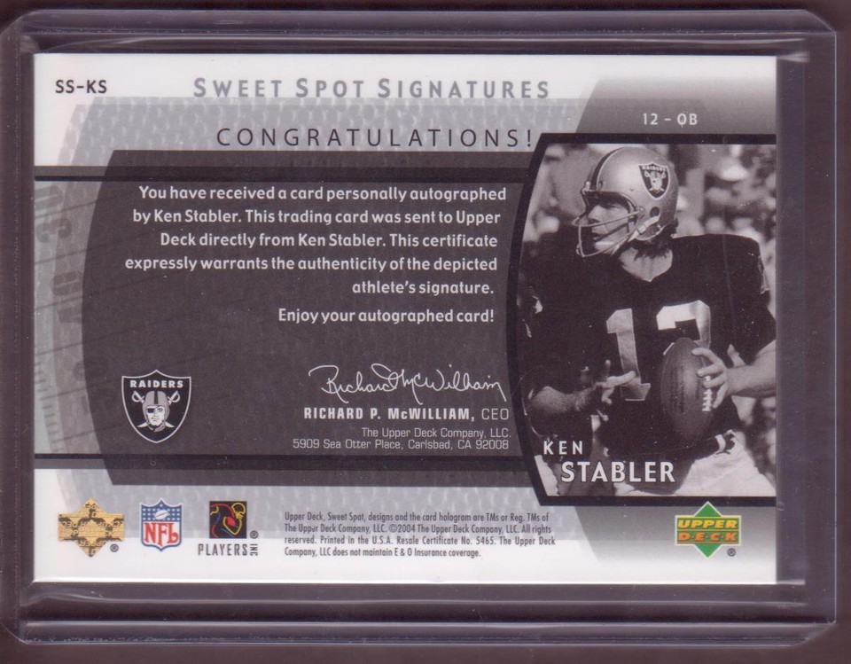 Ken Stabler Sweet Spot Signatures 2004 Upper Deck Autograph Oakland ...