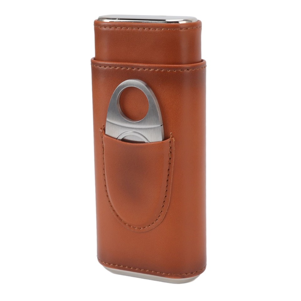 Brown 3 Finger Cigar Case Iron Cover Soft Glossy Leather Cigar Holder ...