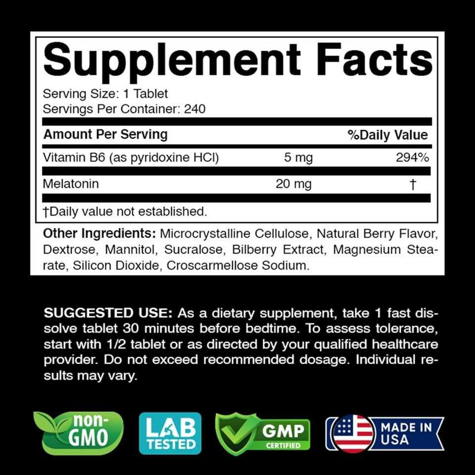 Melatonin 20mg High Potency Natural Sleep Aid Berry Flavor 240 Fast ...