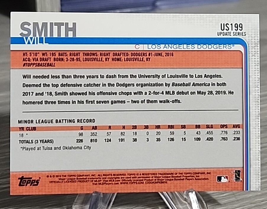 Will Smith 2019 Topps Update Rookie Card #US199 Los Angeles Dodgers RC ...
