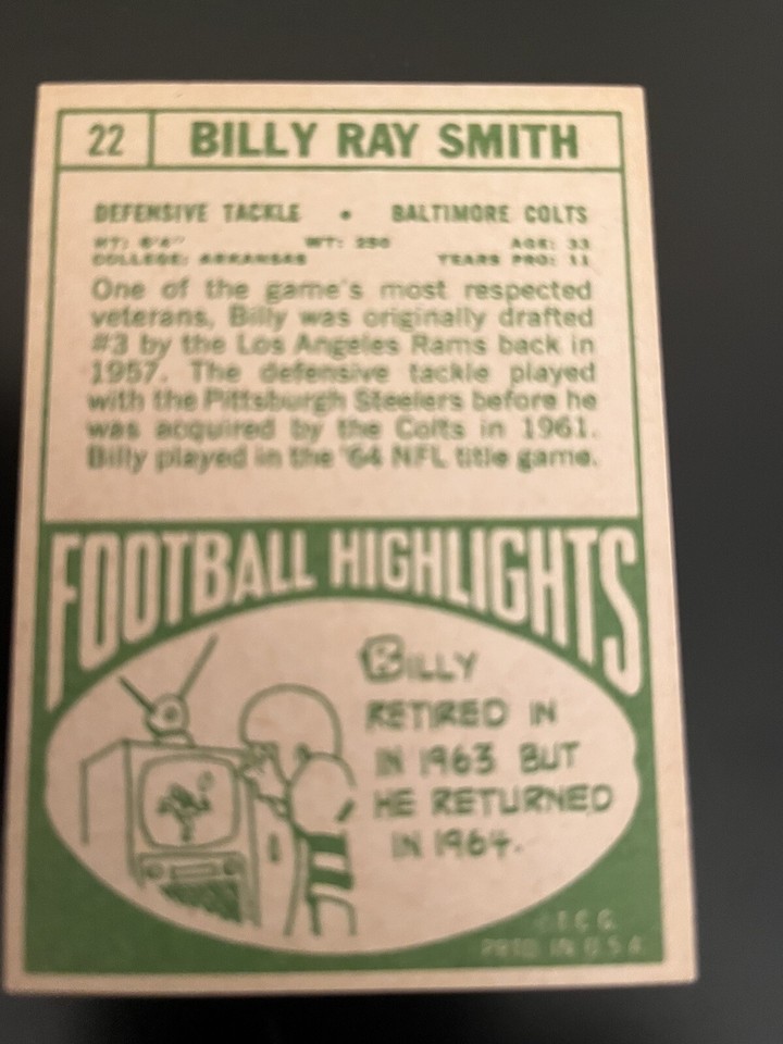 1968 Topps Football Billy Ray Smith Card #22 Baltimore Colts | eBay