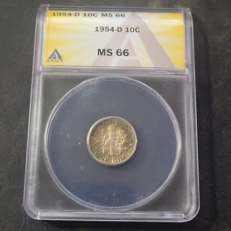1954-D Silver Roosevelt Dime anacs MS66 monster Rainbow toning gem bu ...