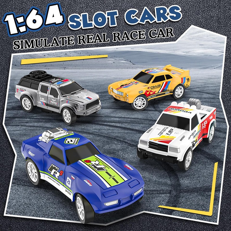 TRACK MASTER HO SCALE SLOT CAR RACING SET 1:64 ELECTRIC 4 CARS SLOPE ...