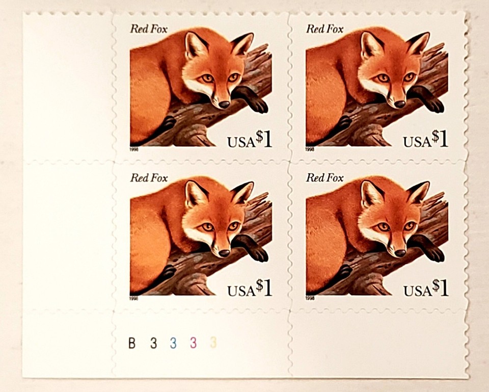 Scott #3036 Red Fox bottom left block 4 Stamps double $ lines MNH B3333 ...