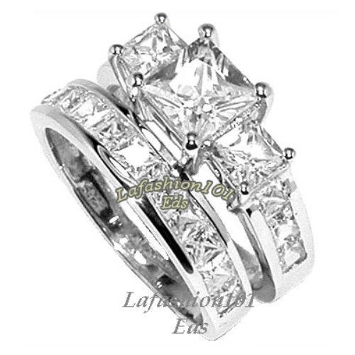2.58ct Princess Cut CZ Womens Stainless Steel Wedding Engagement Set ...