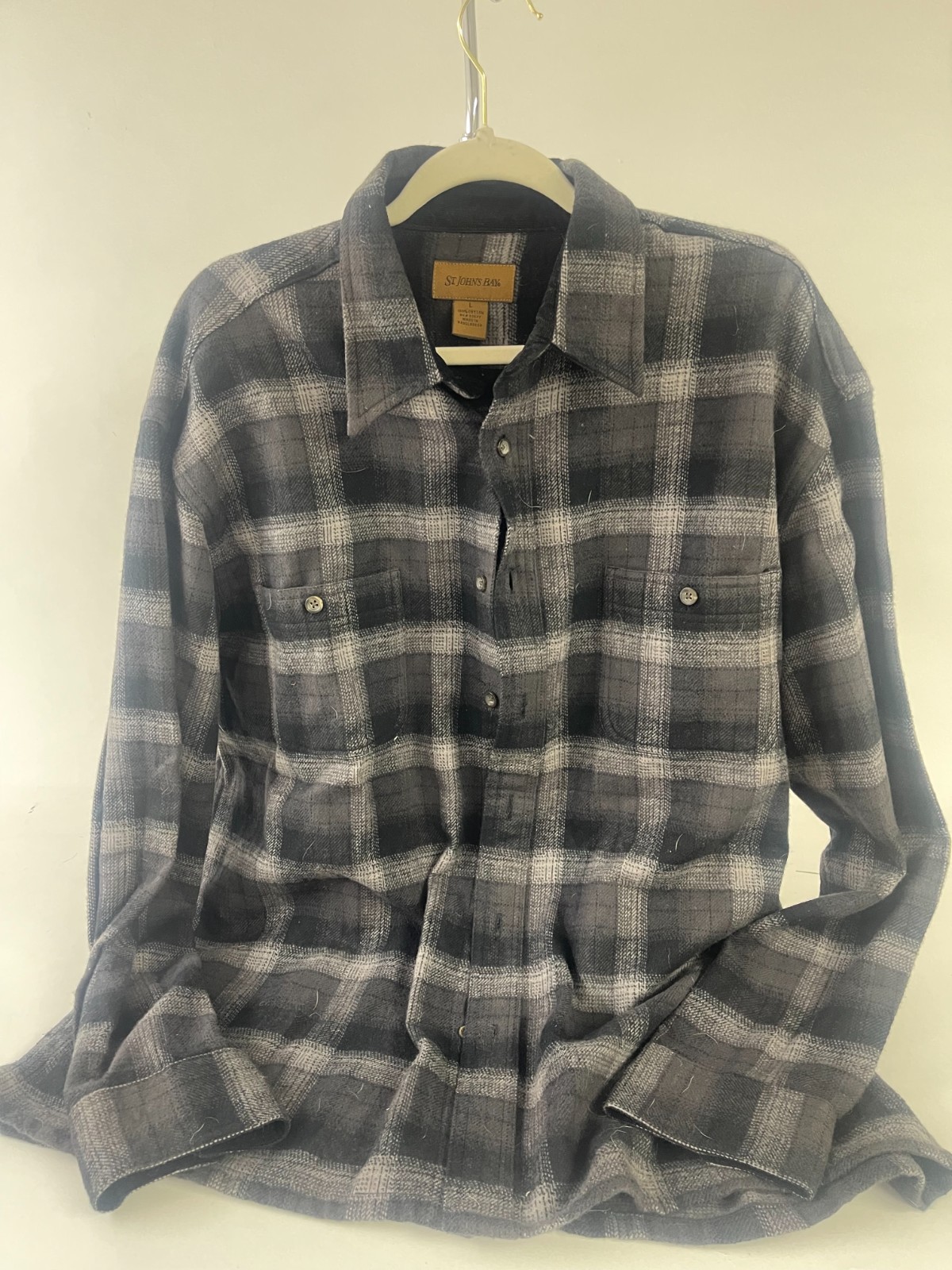 St John's Bay Men's Black/Gray Plaid Flannel Long Sleeve Button Down ...