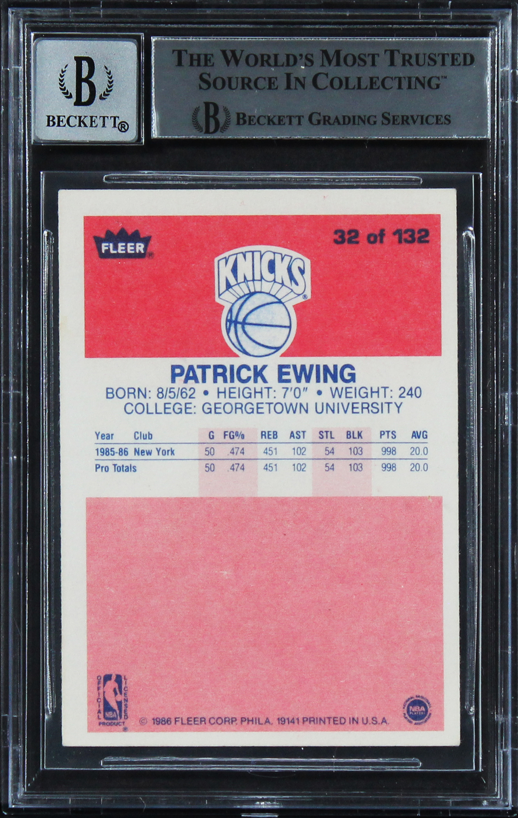 Knicks Patrick Ewing Signed 1986 Fleer #32 RC Card Auto Graded 10! BAS ...