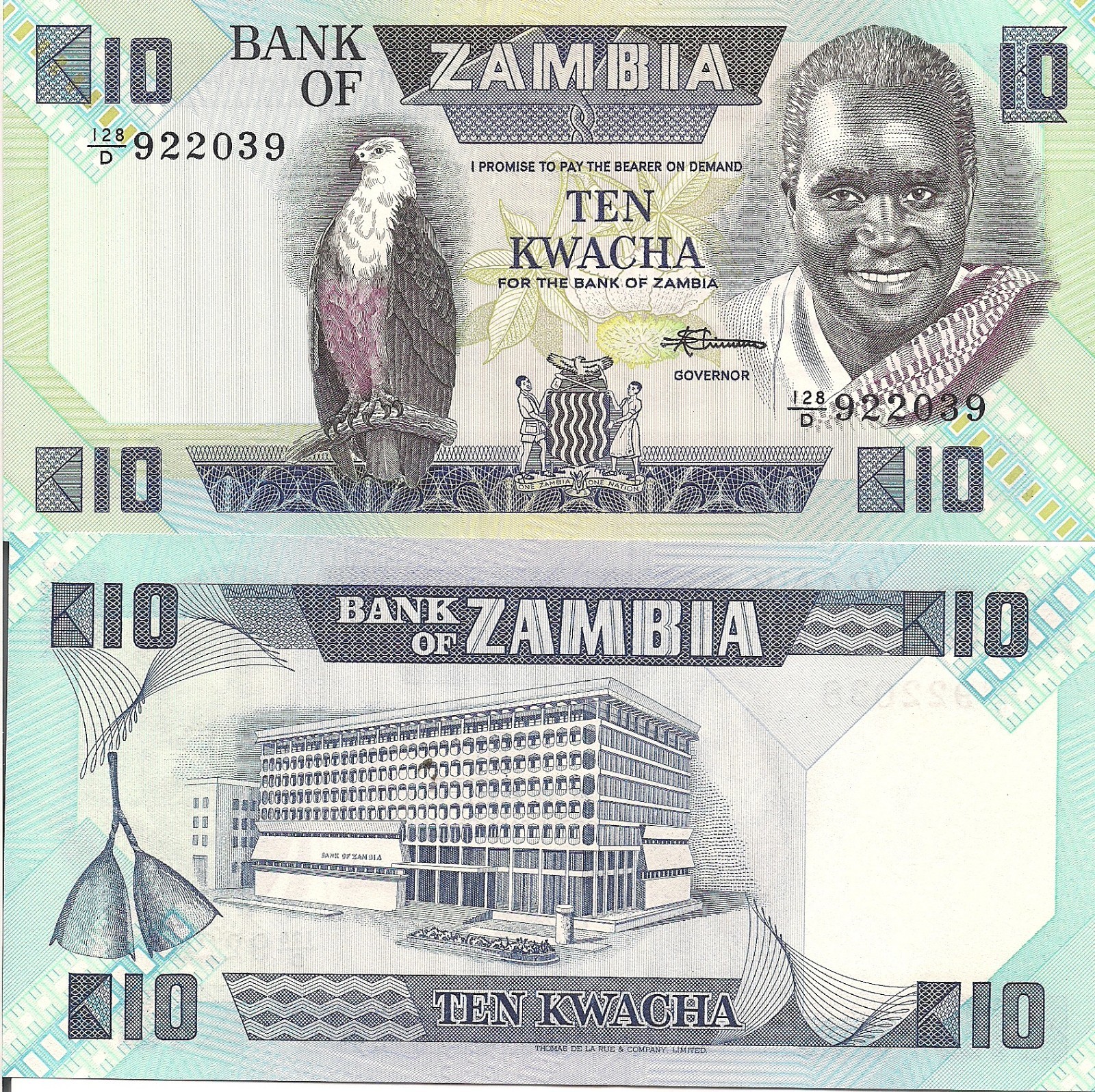 Zambia P26e, 10 Kwacha, Kaunda, fish eagle / bank building $6 Cat Val ...