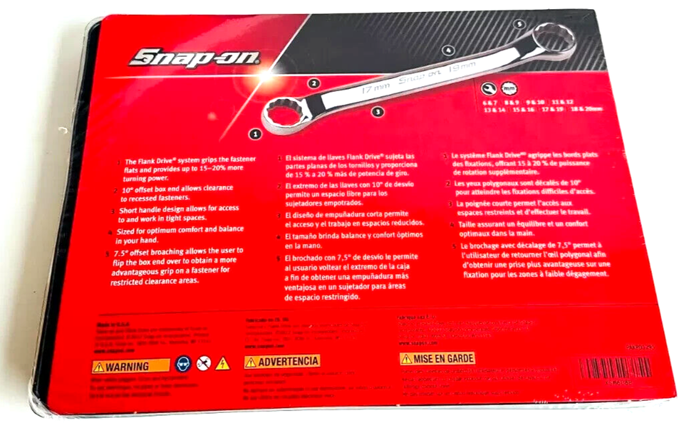 SNAP ON TOOLS 8-pc 12-Point Flank Drive® Short 10° Offset Box Wrench ...