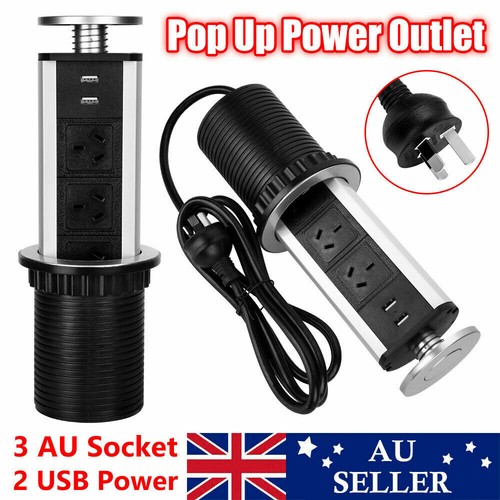 Pop Up Power Point 3 Socket Plug + 2 USB Table Home Kitchen Desk Outlet ...