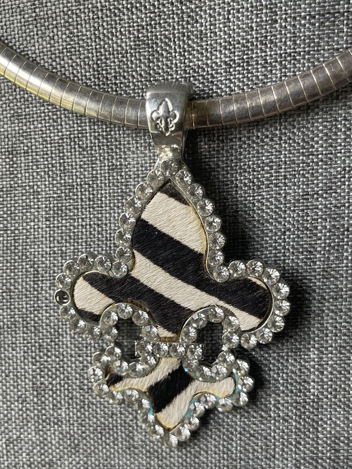 Womens Fleur De Lis Necklace Pony Hair Animal Print Silvertone Omega ...