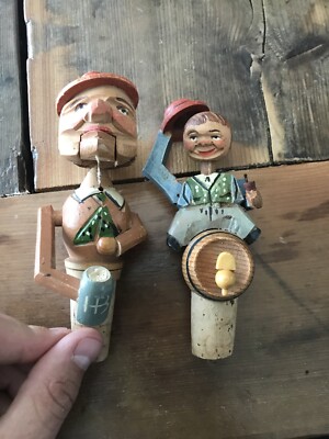 Set (2) Vintage German Hand Carved Wooden Mechanical Bottle Stoppers ...