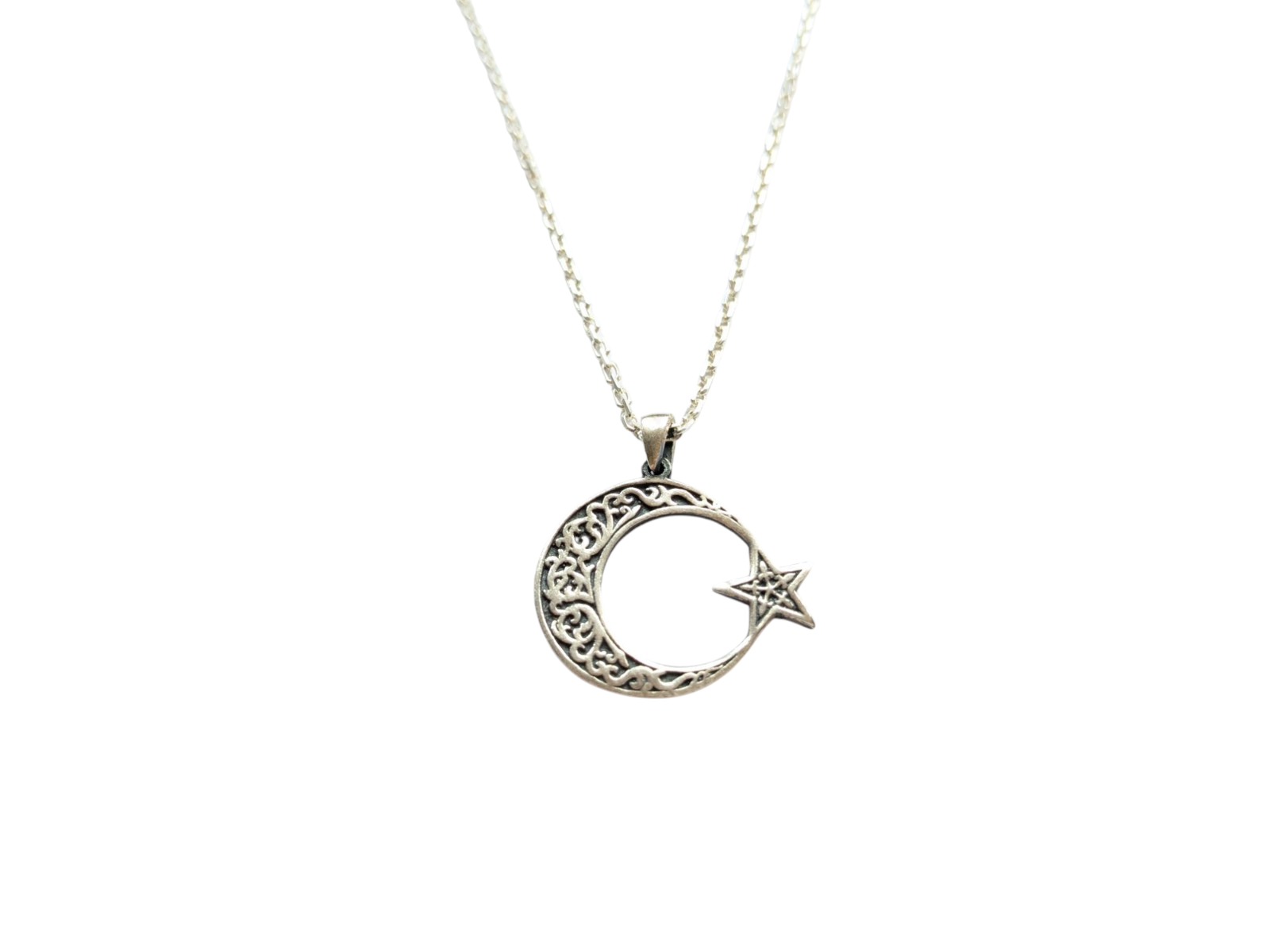 Turkish Crescent & Star Necklace 925 Sterling Silver Turk Ayyildiz 49cm ...