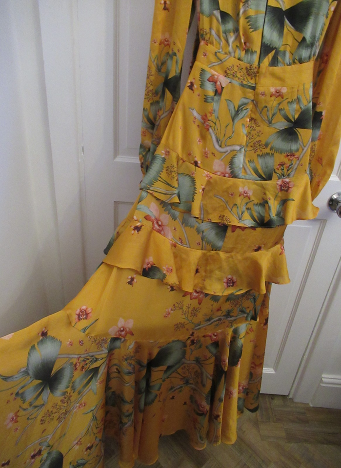 H&M JOHANNA ORTIZ YELLOW GREEN SATIN FLORAL LONG MAXI DRESS GOWN UK 6/8 ...