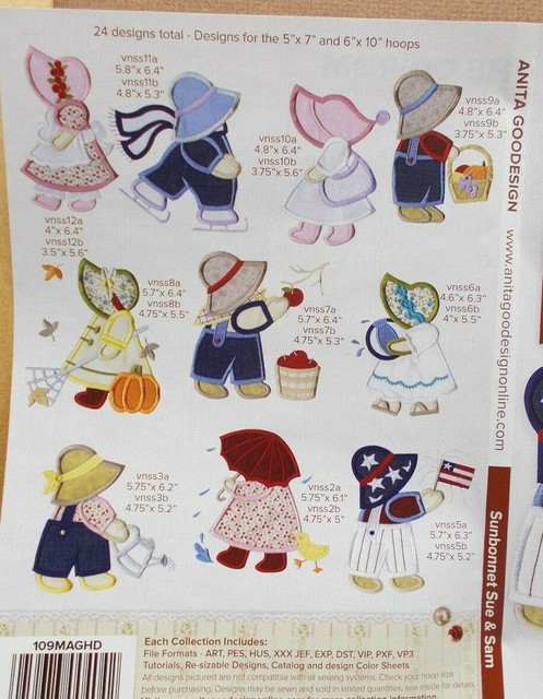 Anita Goodesign Sunbonnet Sue and Sam Machine Embroidery CD 109maghd ...