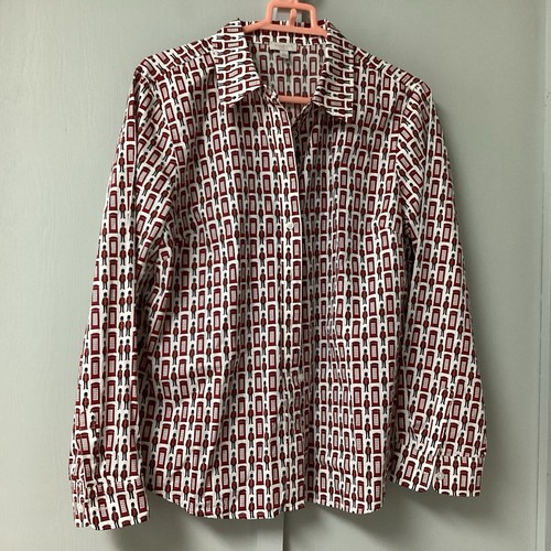 Talbots Shirt Petite LP Red White Button Front Cotton London Print ...