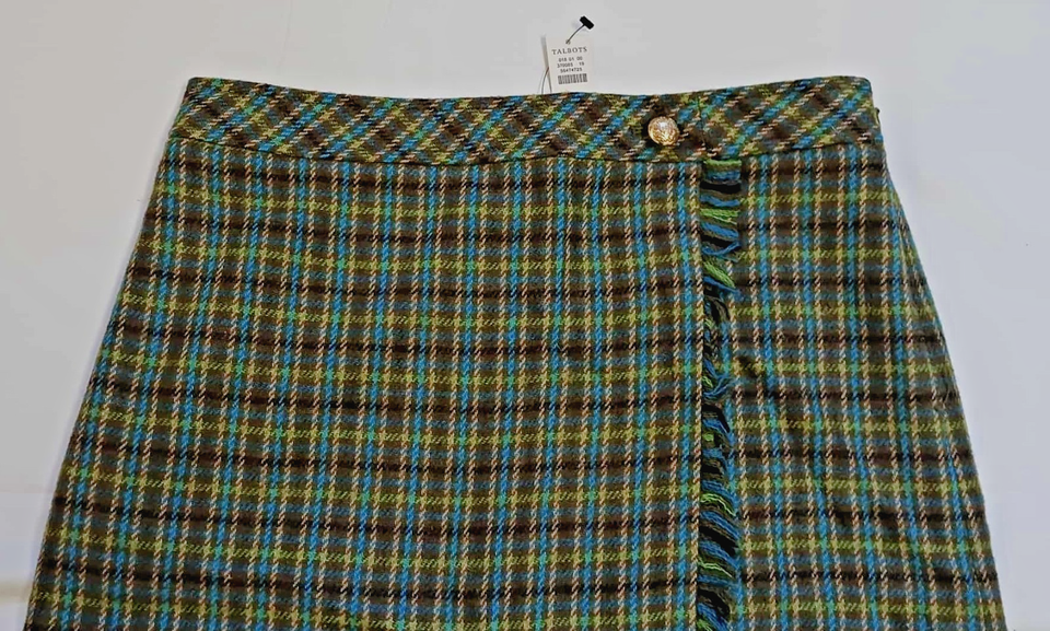 NEW $109 TALBOTS Moss Green Apple-Plaid Wool-Blend Fringe Wrap Skirt Sz 4 | eBay