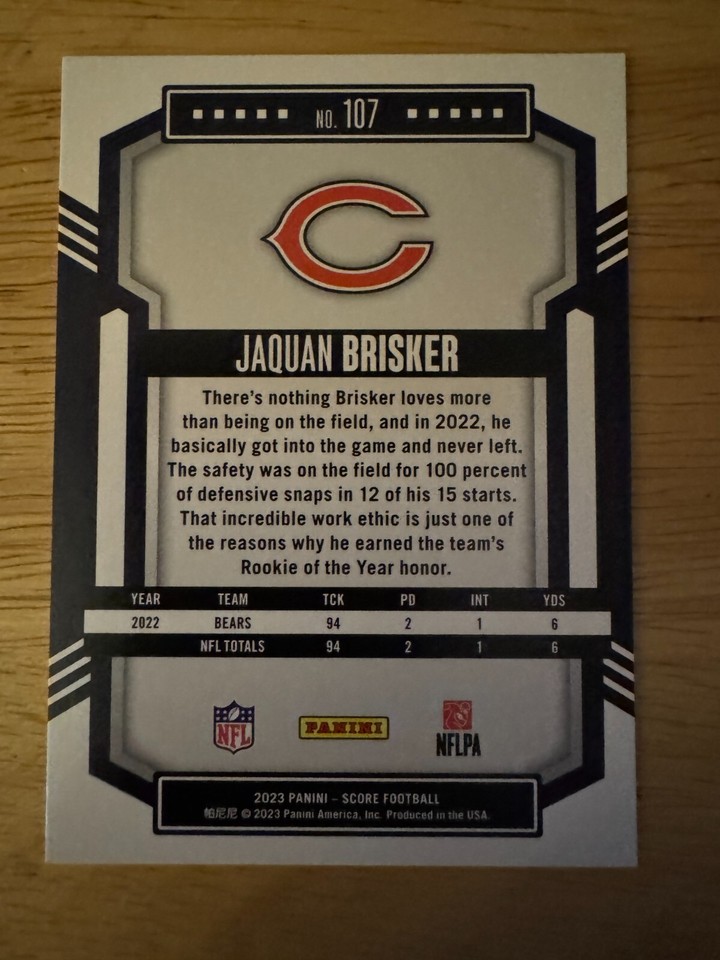 2023 Panini Score #107 Jaquan Brisker Chicago Bears Football Card | eBay
