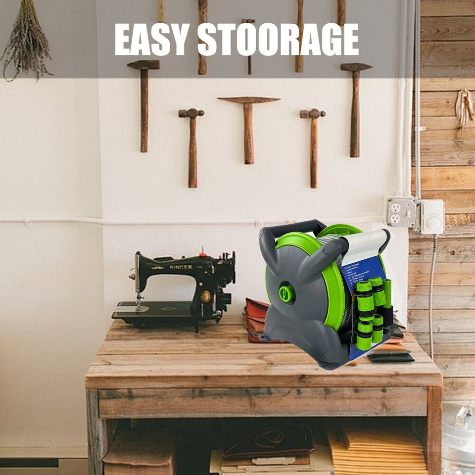 20M GARDEN HOSE PIPE & COMPACT WALL REEL FITTINGS SET STANDING WALL ...