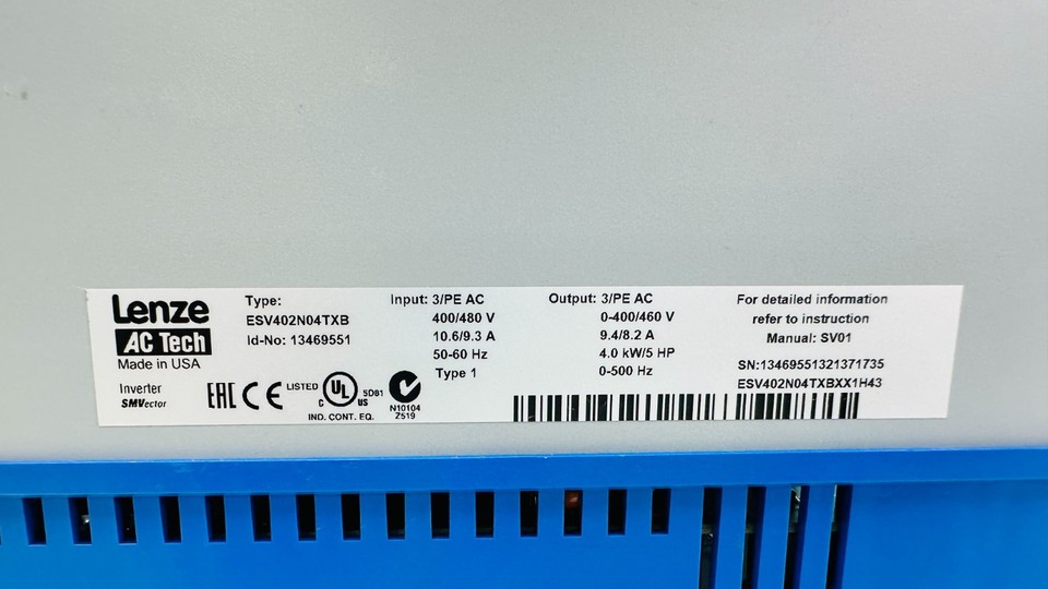 Lenze AC Tech SMVector 5HP Inverter ESV402N04TXB XX1H42 Made in USA ...
