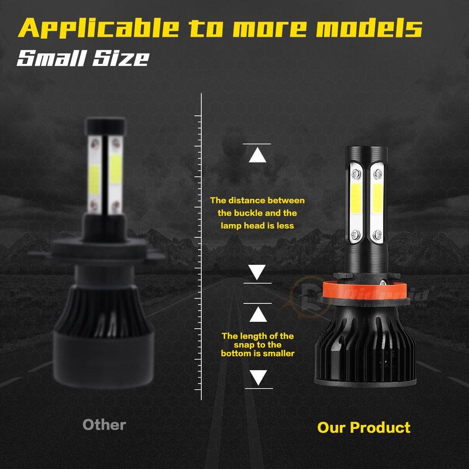 4-sides H11 LED Headlight Kit Low Beam Bulb Super Bright 6000K 60Day ...