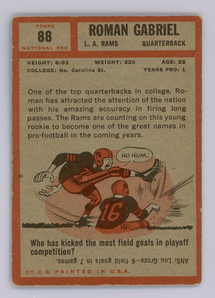 1962 Topps Roman Gabriel Rookie Rc Card Los Angeles Rams NFL MVP | eBay