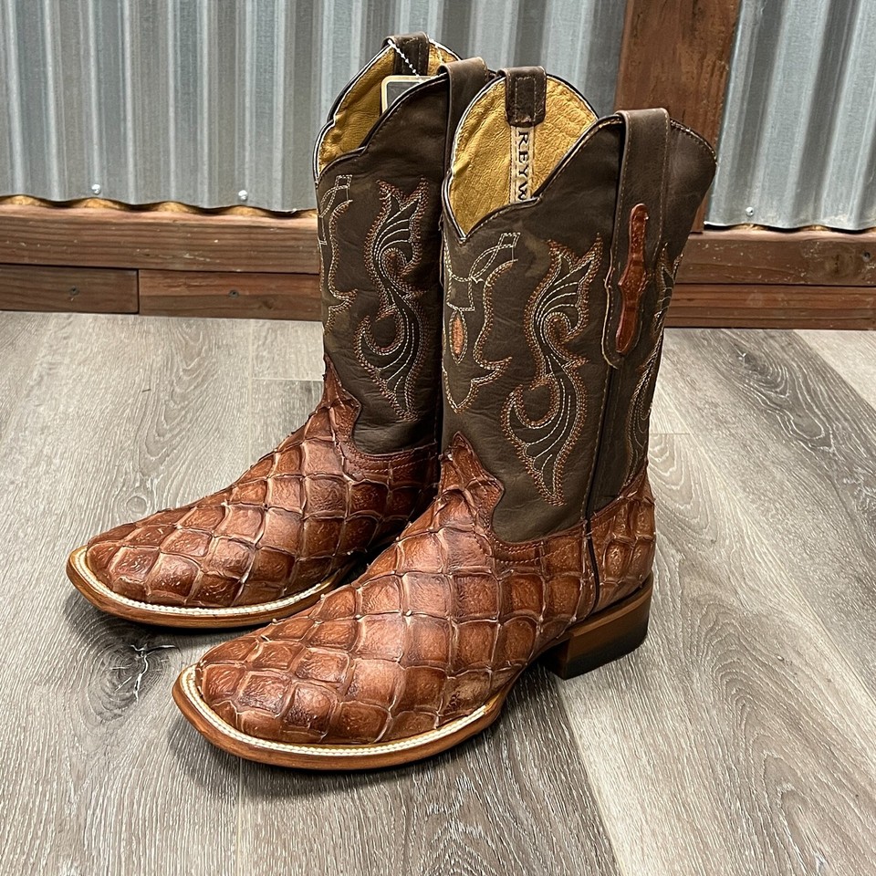 MEN'S RODEO COWBOY FISH PIRARUCU PRINT WESTERN SQUARE TOE BOOTS COGNAC ...