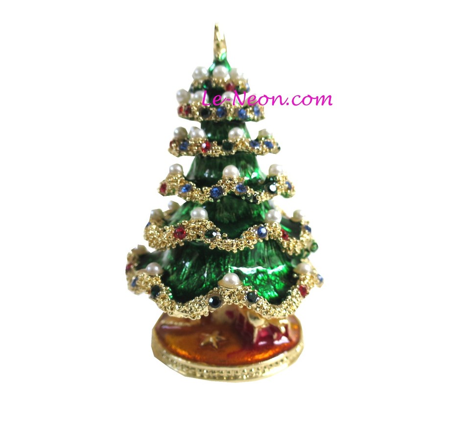 Jeweled Green Christmas Tree Hinged Metal Enameled Rhinestone Trinket ...