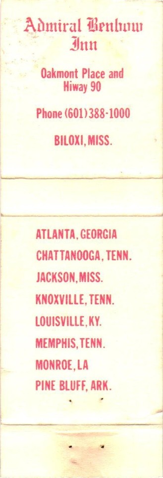 Admiral Benbow Inn, Restaurants, Lounge, Heated Pool, Vintage Matchbook ...