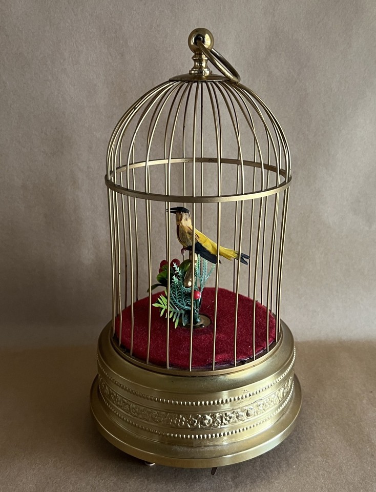 Vintage German Brass Bird in Cage Automation Singing Mechanical Wind Up ...