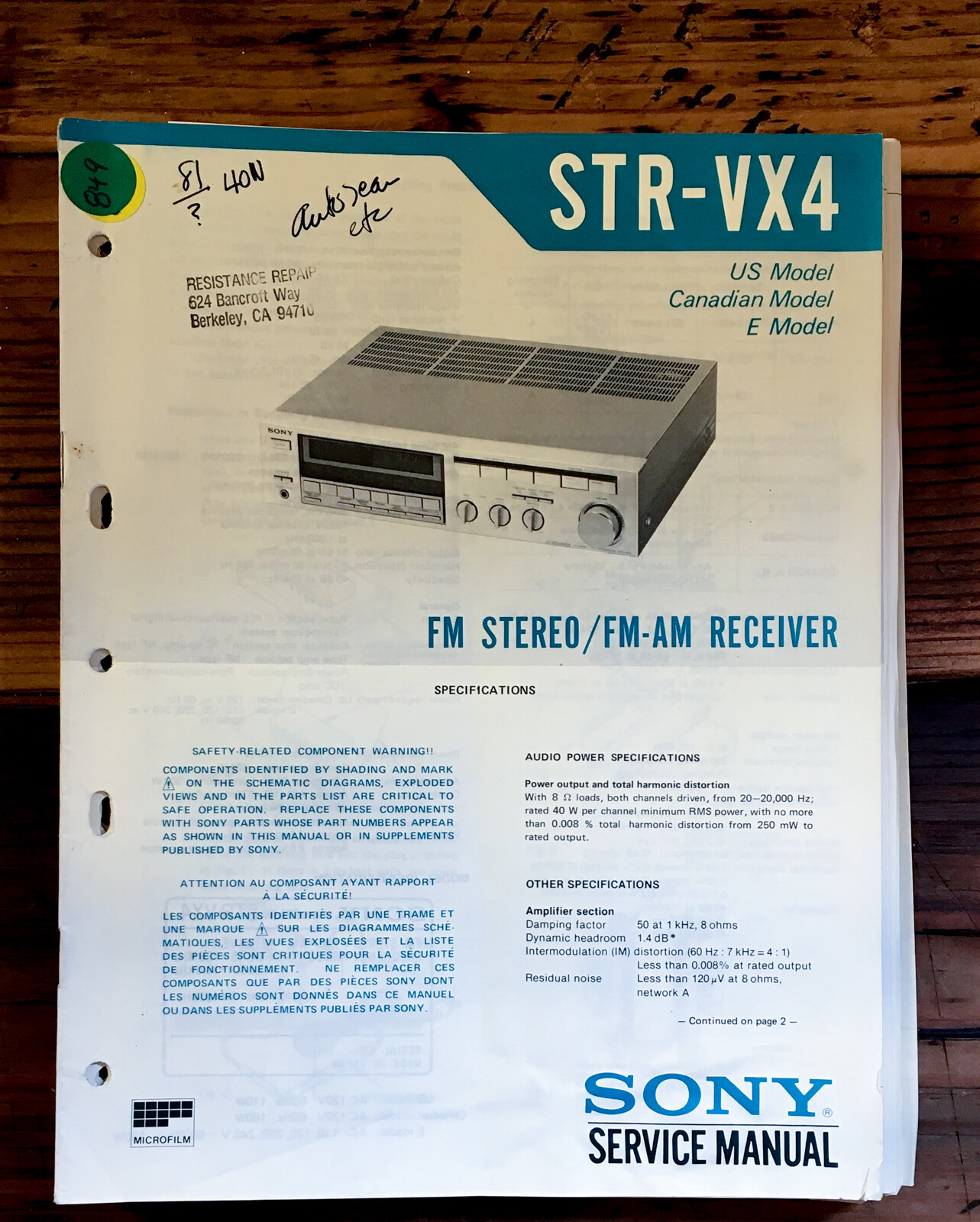 Sony STR-VX4 Receiver Service Manual *Original* | eBay