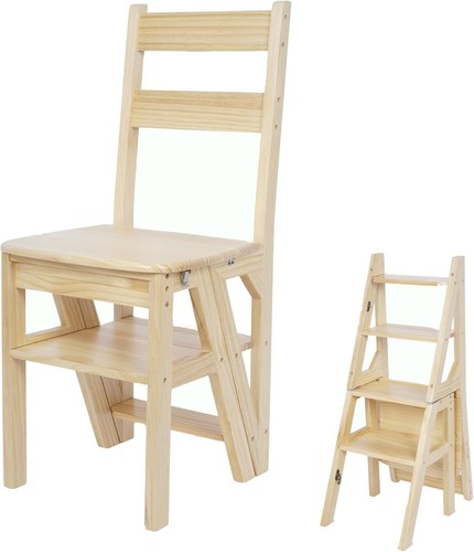 4 Tier Convertible Wood Ladder 3-in-1 Step Stool Climbing Ladder Chair ...