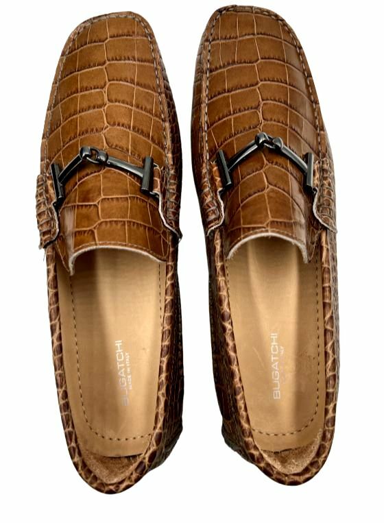 $329 Bugatchi Men's Brown Roma Driver Mock-Croc Buckle Loafer Shoes ...