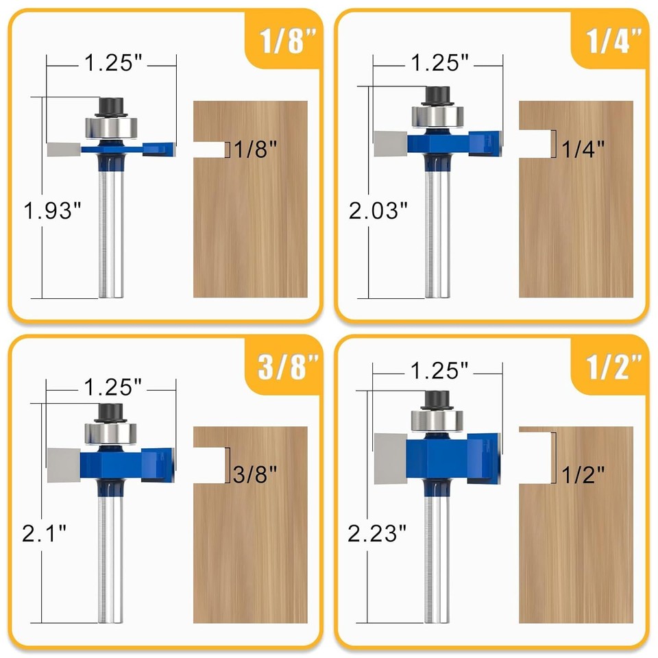 4Pcs Rabbet Router Bit 1/4" Shank With 6 Bearings Set - 1/16", 1/8", 3 ...
