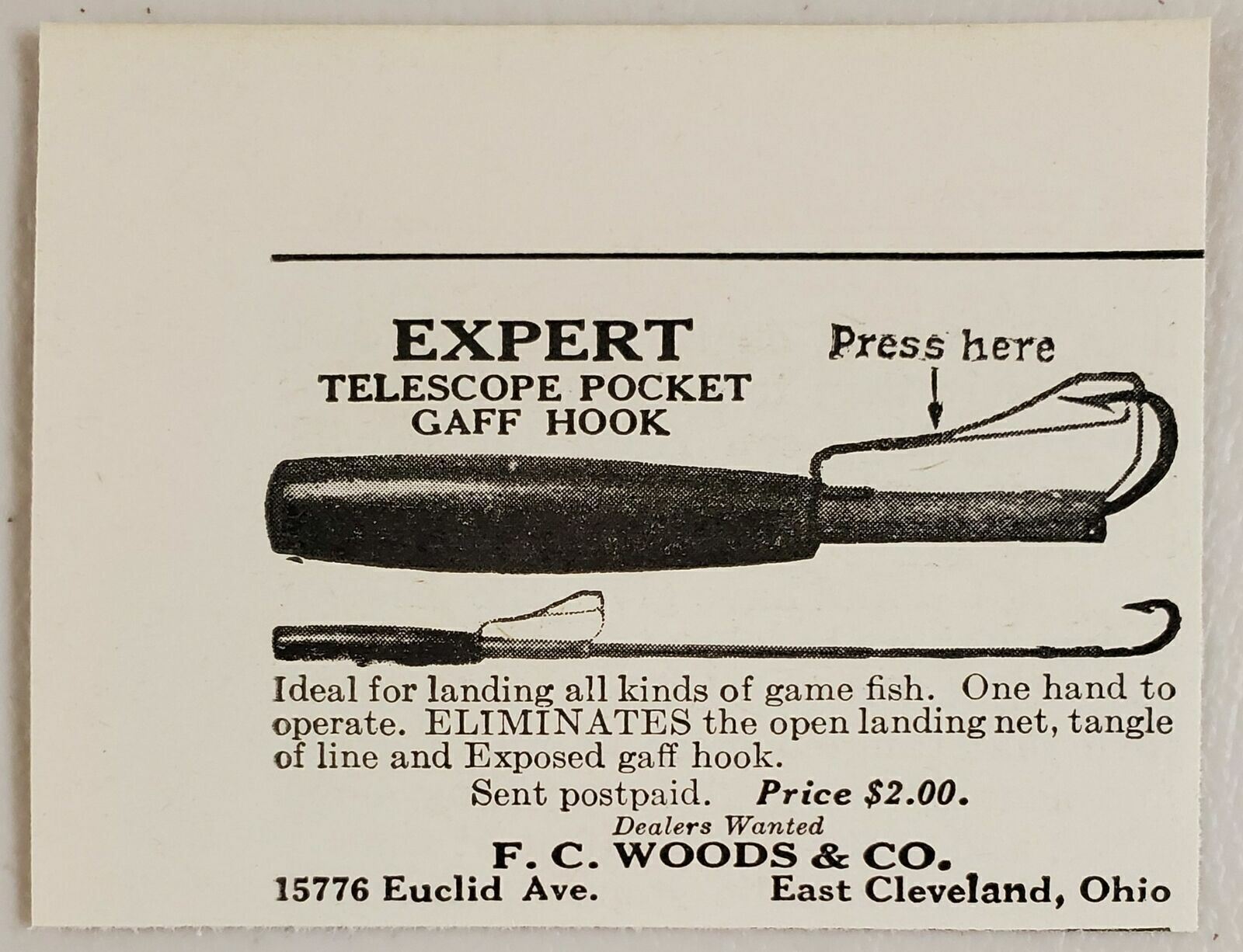 1928 Print Ad Expert Telescope Pocket Gaff Hook Fishing FC Woods E ...