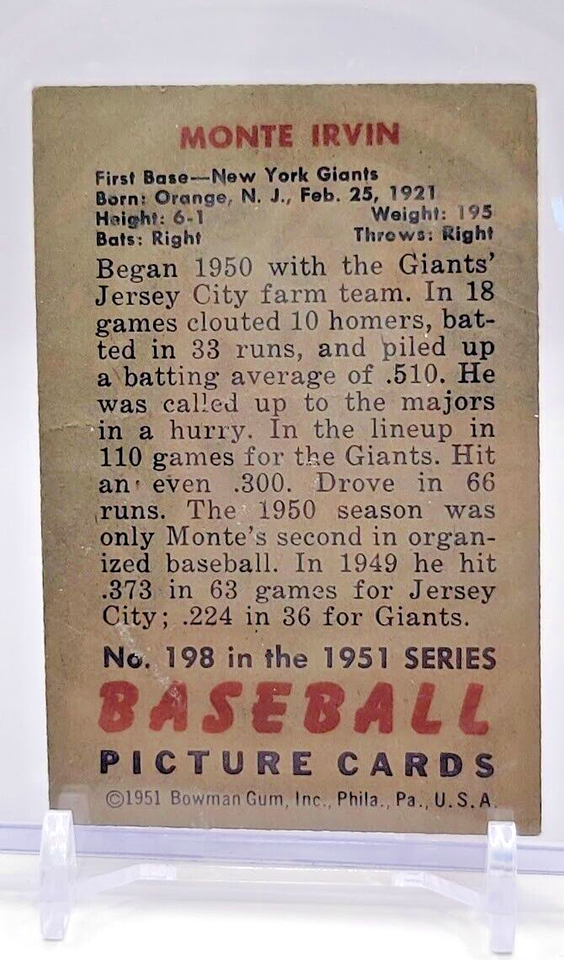 Monte Irvin 1951 Bowman #198 Rookie Card NY Giants | eBay