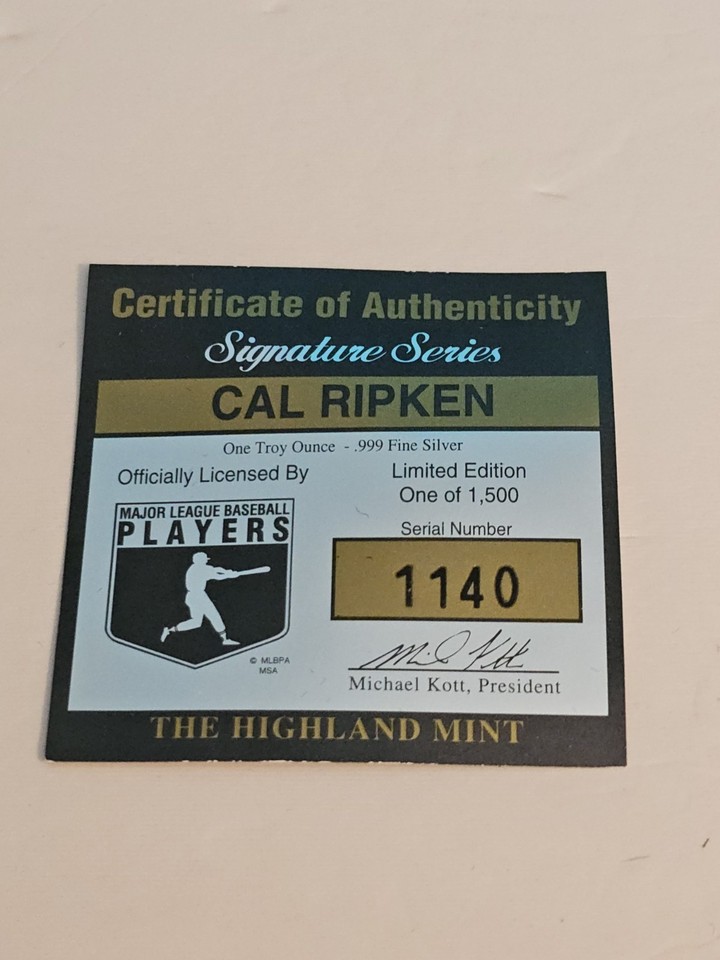 1997 Cal Ripken GOLD Signature Coin From Highland Mint 1 Ounce Silver ...